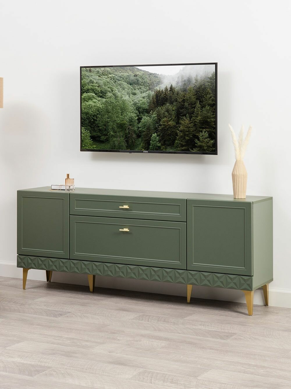 Тумба под телевизор напольная Марион ТВ с полками, с ящиками, 160.1х36.9х64.9 см, Дымчатый зеленый / Олива шагрень