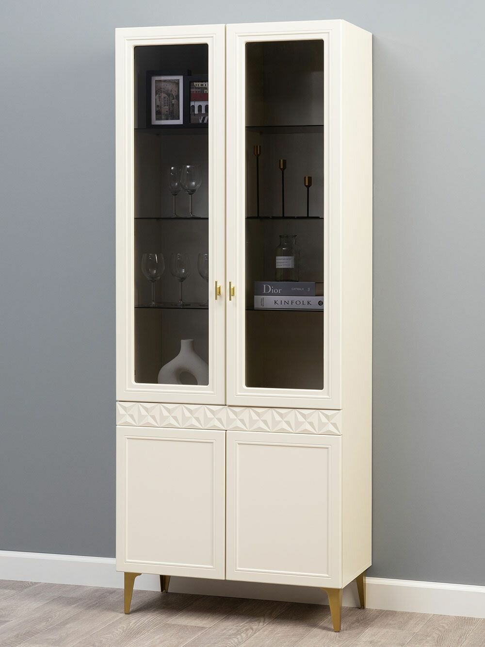 Шкаф-витрина Марион Макси с полками, 80.1х36.9х200 см, Слоновая кость