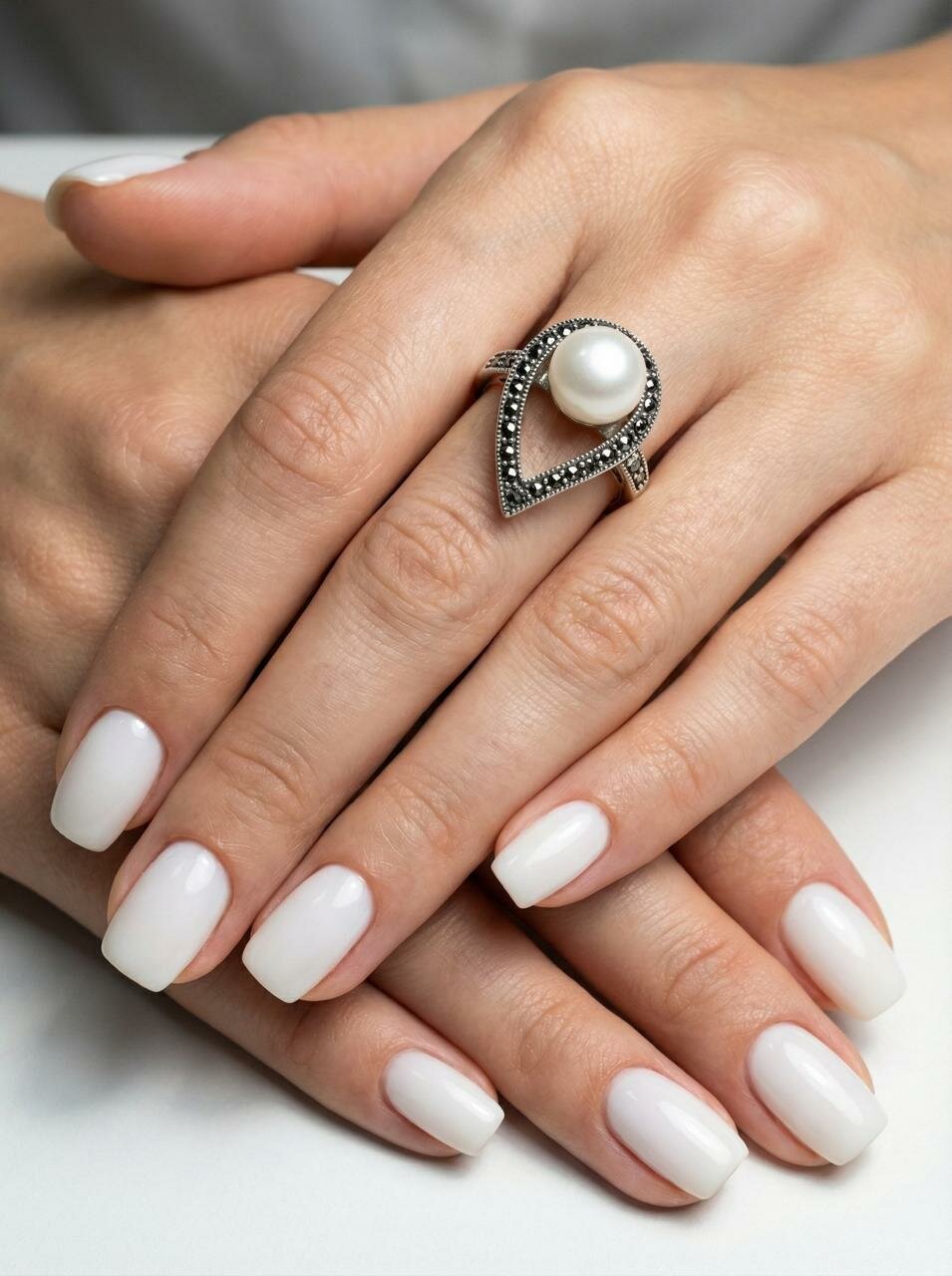 Кольцо, серебро, 925 проба, марказит, жемчуг культивированный