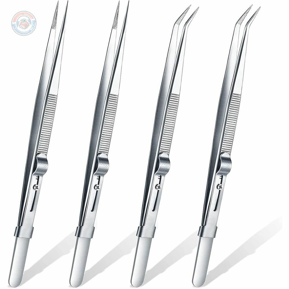 Набор прецизионных антистатических пинцетов 4 шт, ESD защита для пайки и мелких работ, прямые и изогнутые кончики, регулировка натяжения, нержавеющая сталь