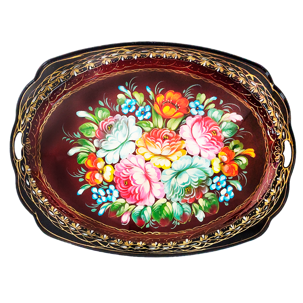 Поднос металлический, овальный "Яркие пионы", жостово 40 см, (Ручная роспись)