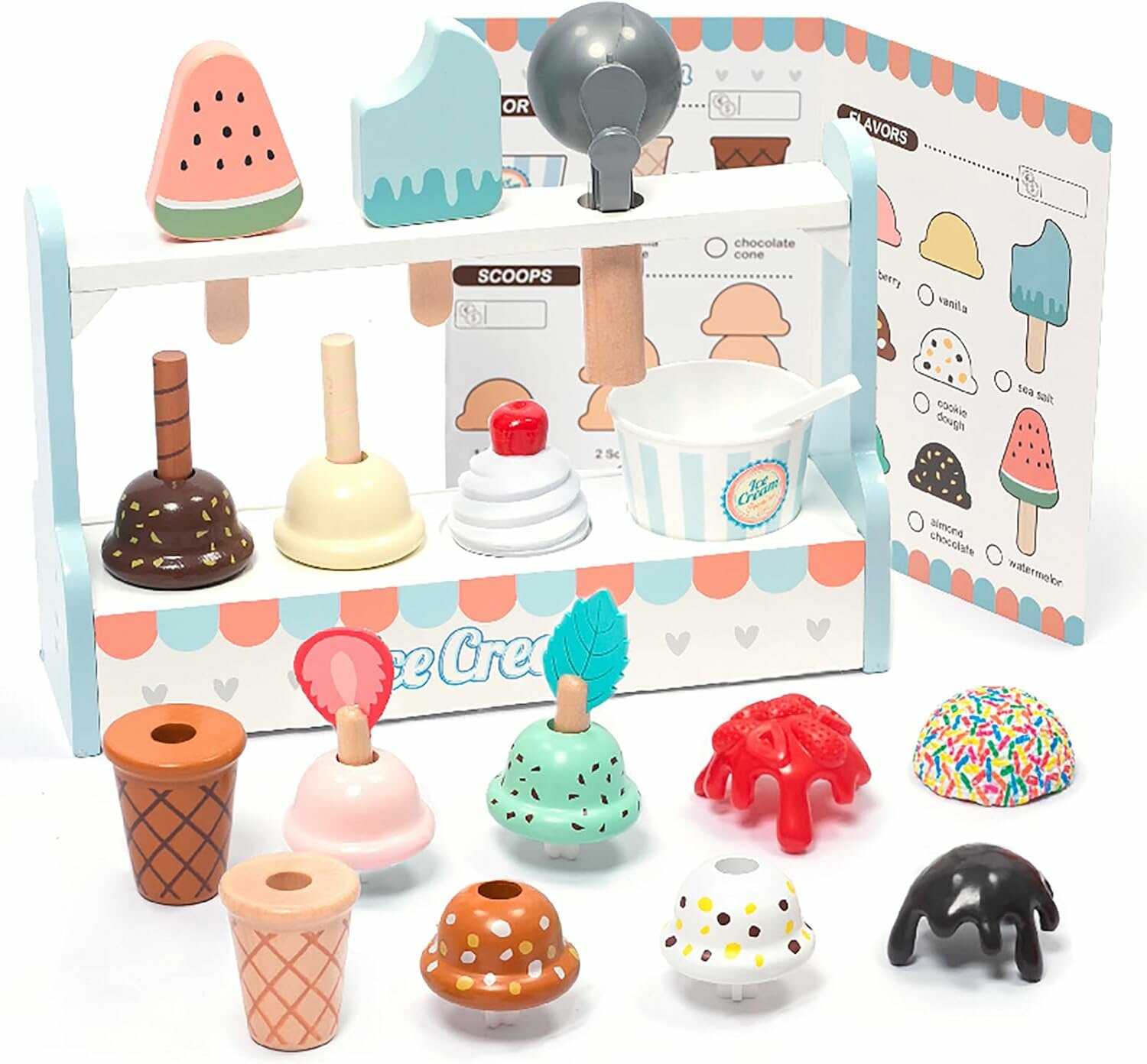 Игровой детский набор UMU - Детское деревянное кафе-мороженое с кухонными принадлежностями - 1336