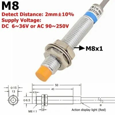 Индуктивный датчик M8, 2 мм, DC NPN NC
