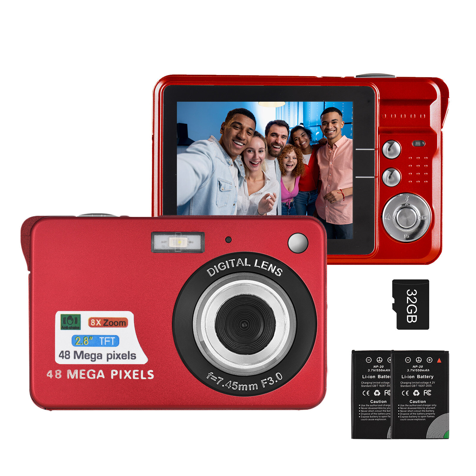 4K Видеокамера Камкордер 48MP Экран 2.8 дюйма TFT Автофокус 16X Цифровой Зум Антидрожжка Распознавание Лиц Захват Улыбок Встроенный Фонарик 2 АКБ 32GB TF Карта Черный Серебристый Красный