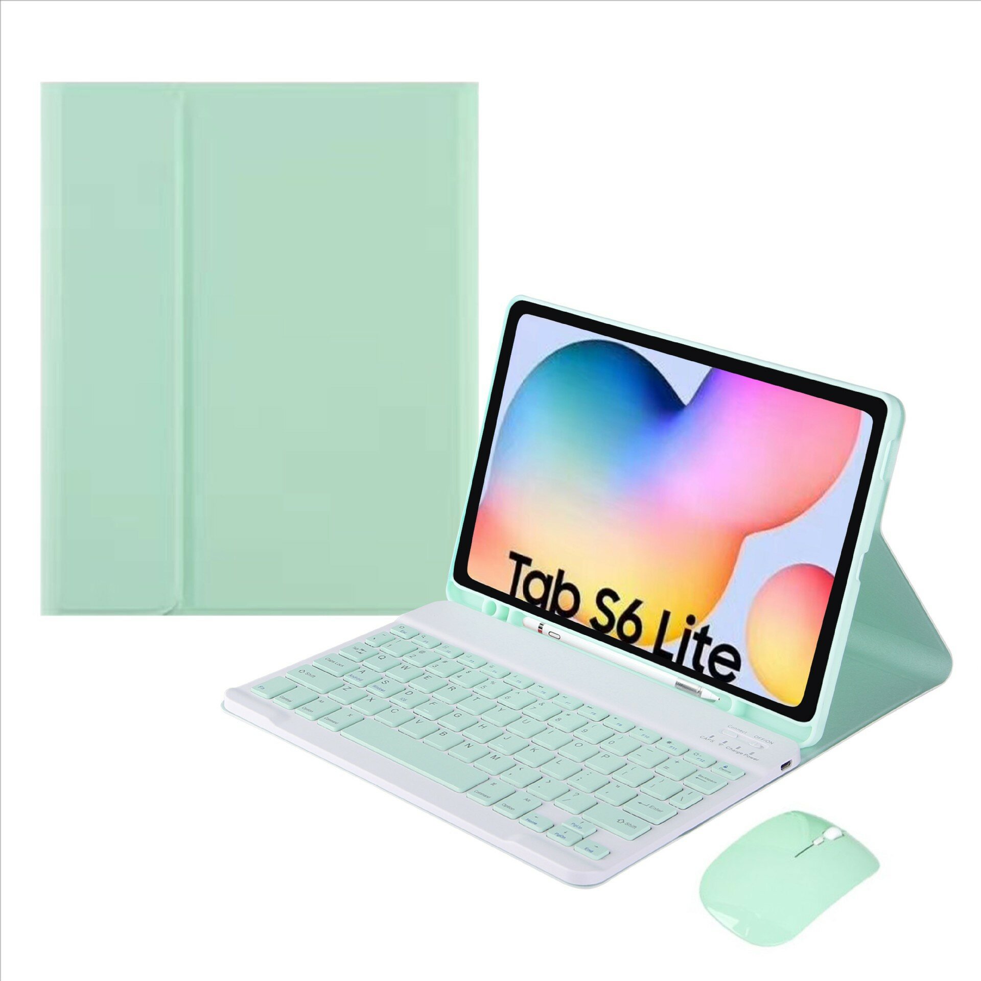 Bluetooth клавиатура для планшета Samsung Galaxy Tab S6 Lite 10.4/P610/P615/T870 с пенслотом, защитный чехол, круглые клавиши Зеленый, защитный чехол + клавиатура с зелеными квадратными клавишами + зеленый двухрежимный перерабатываемый полный комплект