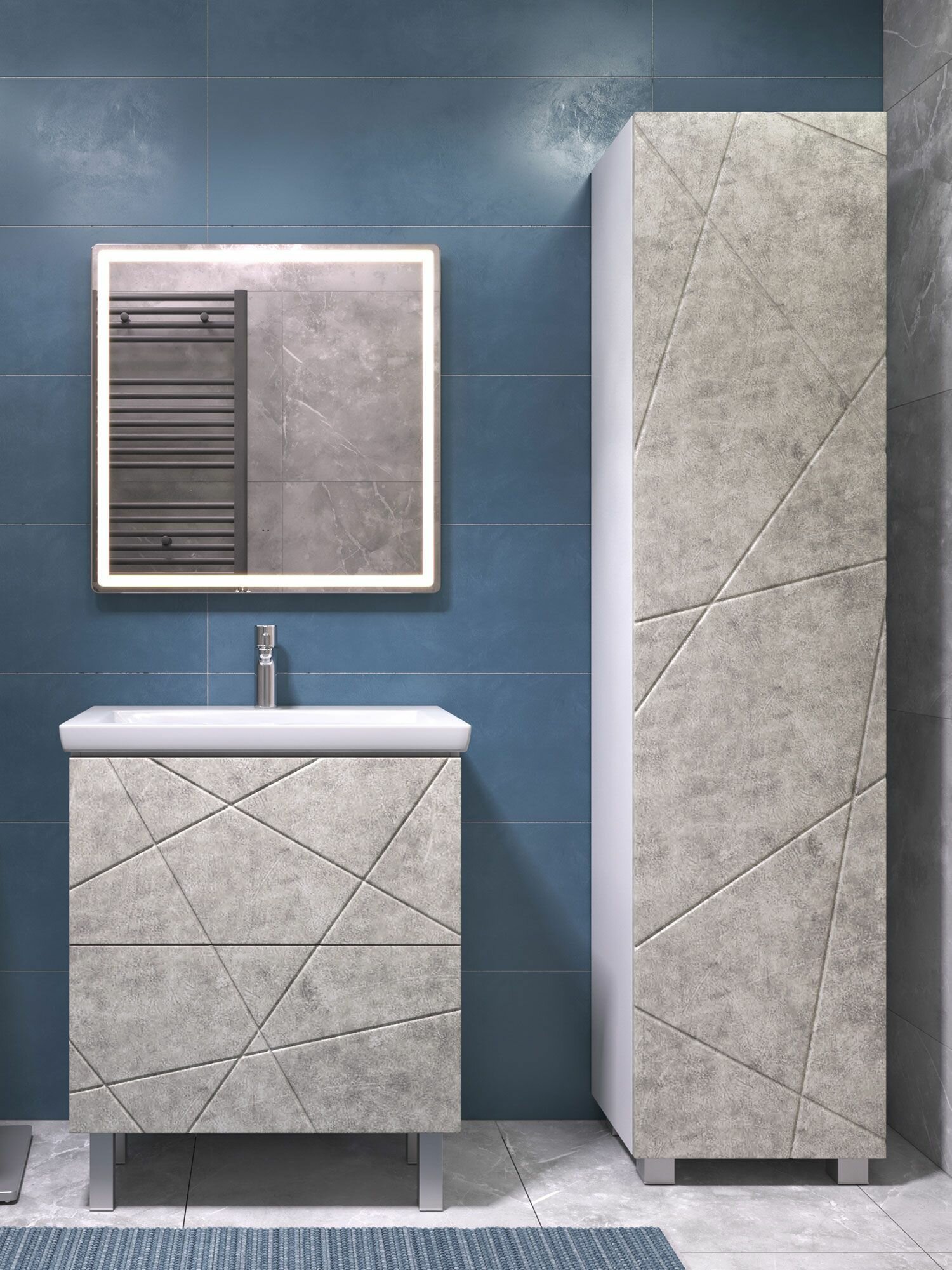 Мебель для ванной комплект Геометрия Комфорт, зеркало с подсветкой, тумба под раковину, шкаф-пенал, 115х45х189.8 см, Бетон