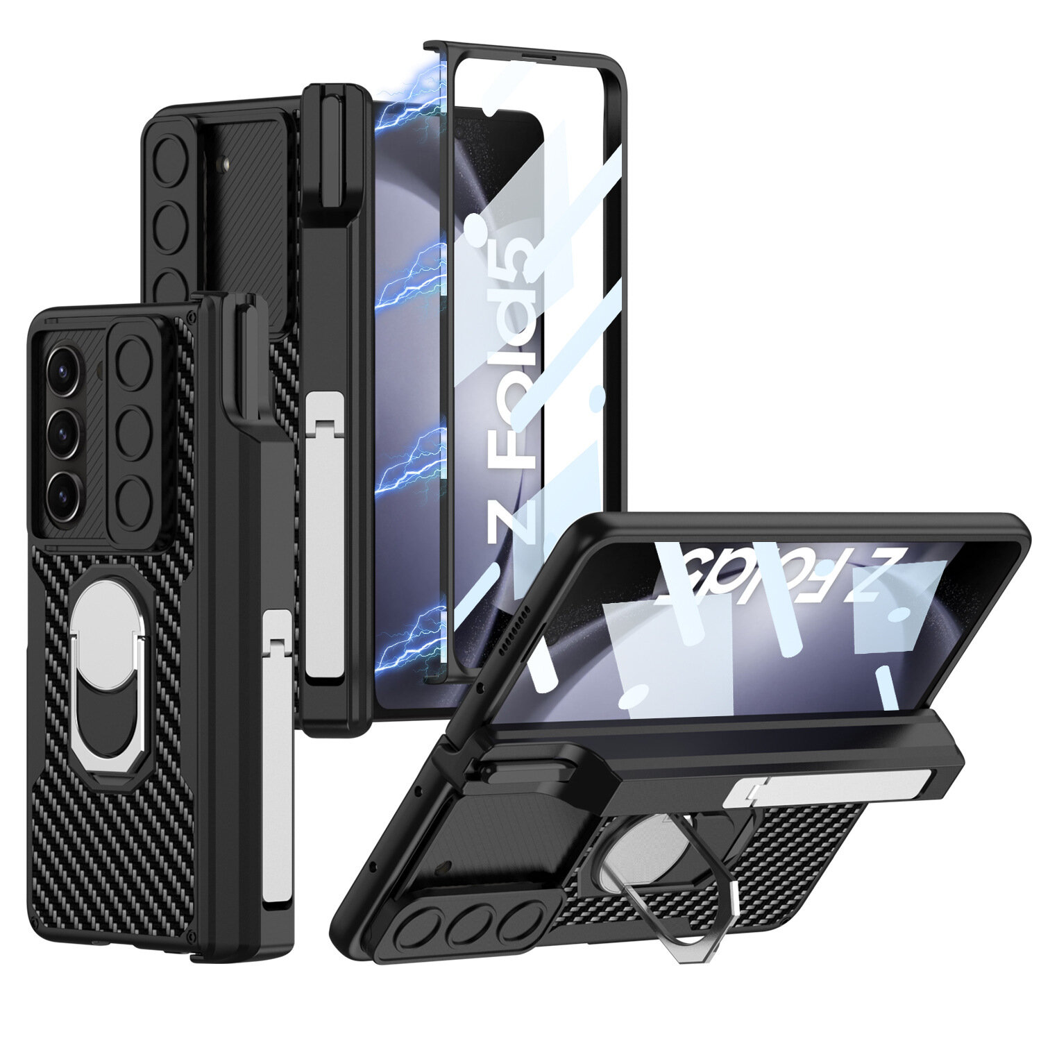 Складной чехол с подставкой и держателем для ручки для Samsung Galaxy Z Fold5, текстура карбонового волокна, матовый