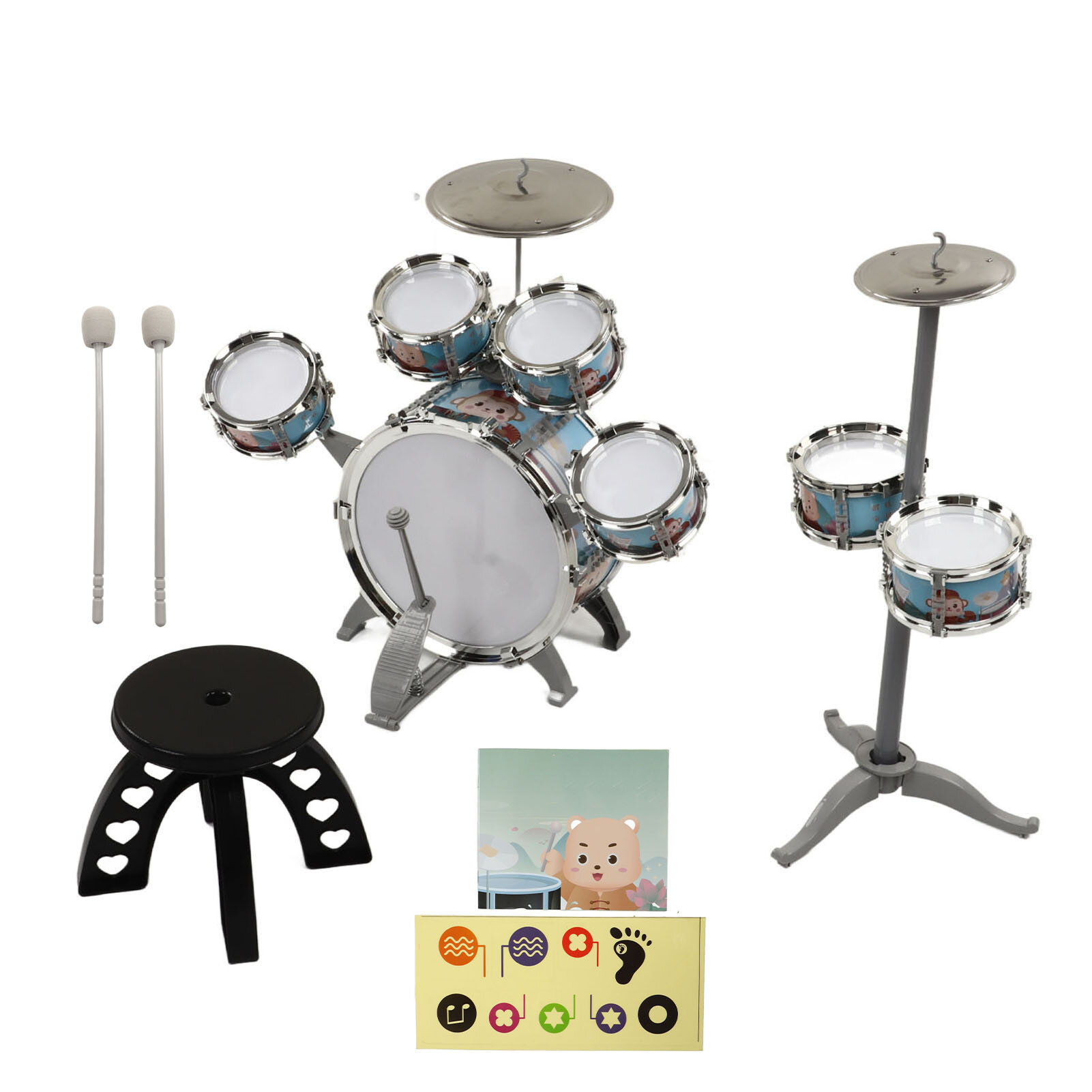 Kids Jazz Drum Set 7 Drums Loud Sound Compact Beginner Kit with Stool for 3 Years Old Above