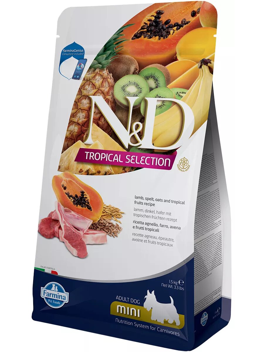 Корм сухой Farmina Dog N&D Tropical Selection Adult Mini Lamb для взрослых собак маленьких пород ягненок, 1,5 кг х 2 шт