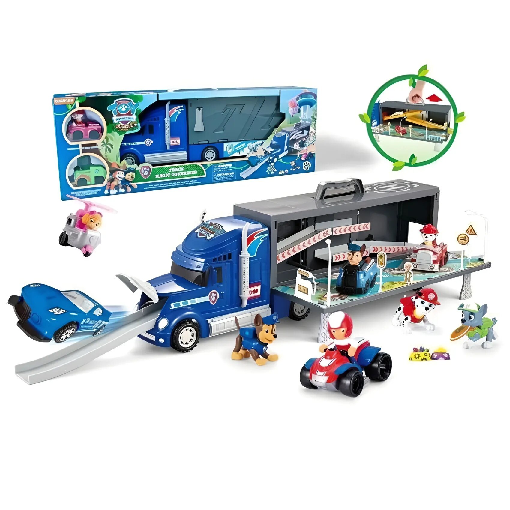 Детский игровой набор Автовоз-гараж "Щенячий патруль", 2 фигурки / Контейнерный грузовик, со светом и звуками