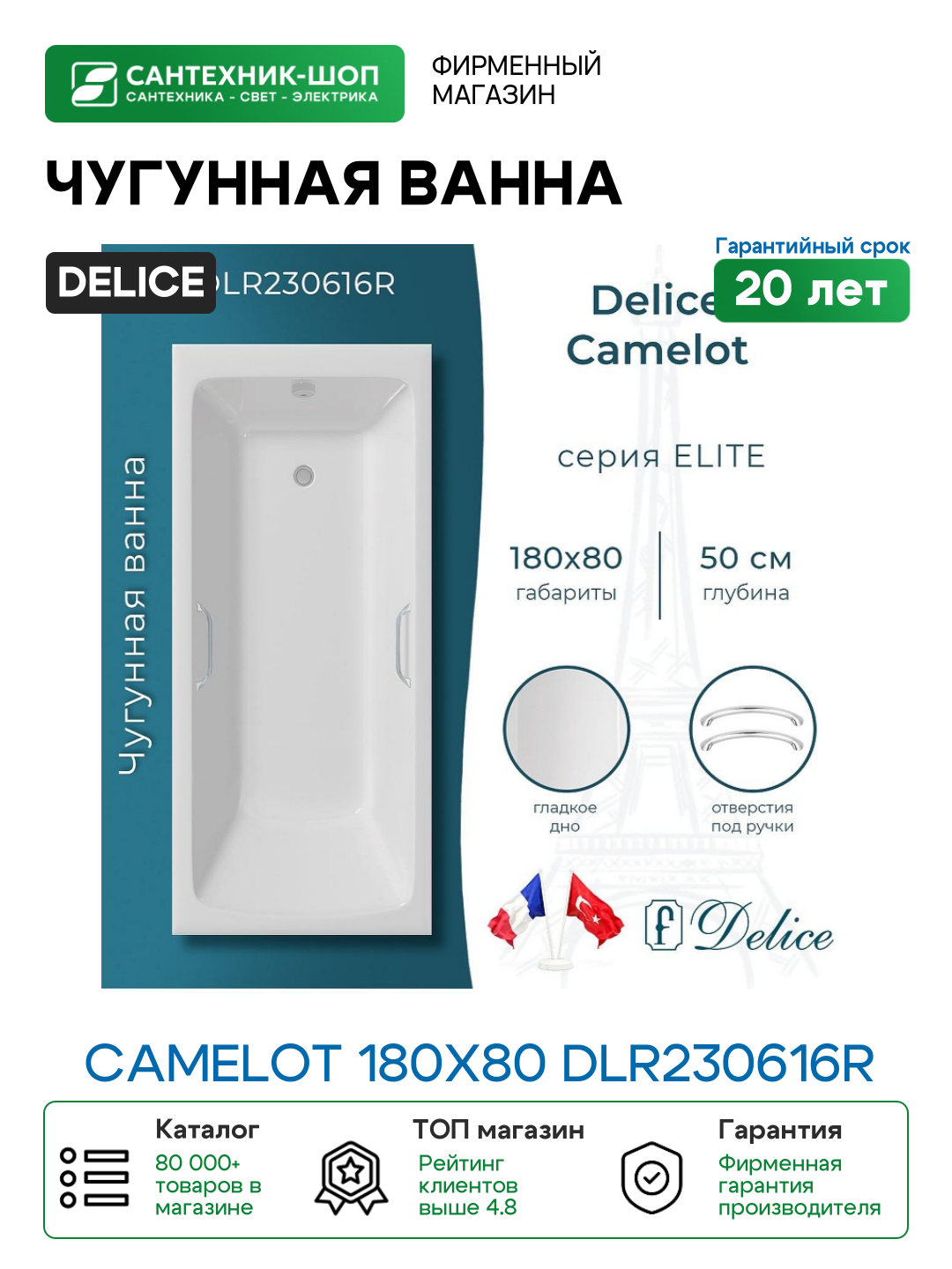 Чугунная ванна Delice Camelot 180x80 DLR230616R с отверстиями под ручки без антискользящего покрытия