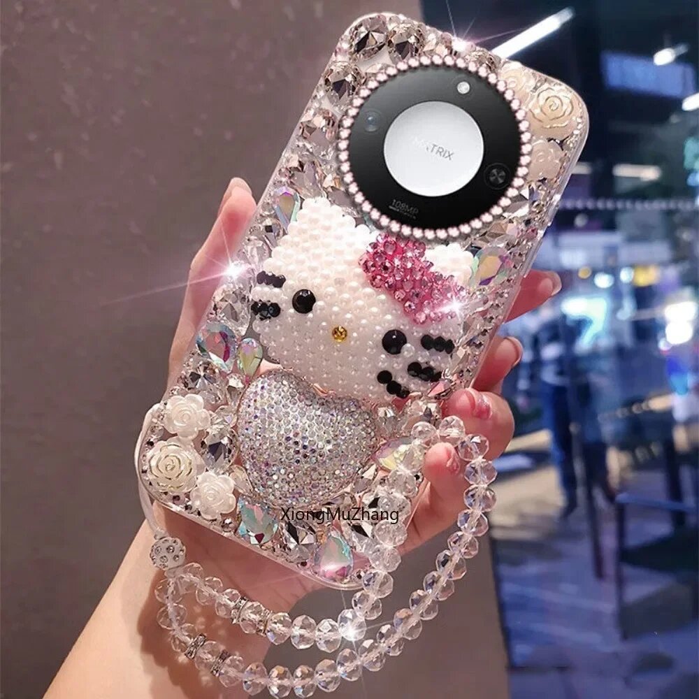 Чехол Hello Kitty со стразами на запястье для Honor X9a X9b X9c X9d X8 X8a X8c для Honor X7 X7a X7b X6 X6b X5b X50 X60 X70i Честь X9d, 20220994 Silver Love