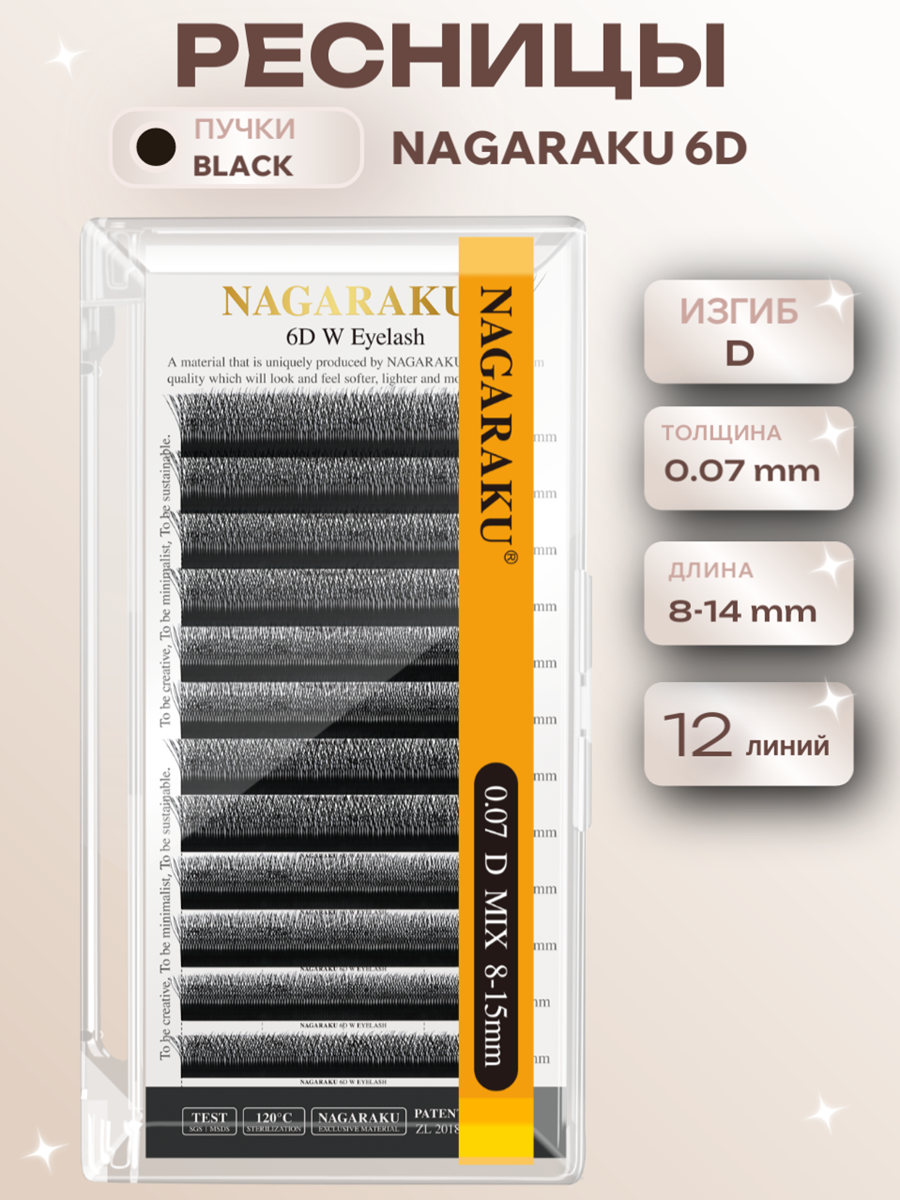 Ресницы Пучки Nagaraku 6D Black D 0,07 8-14 12 линий