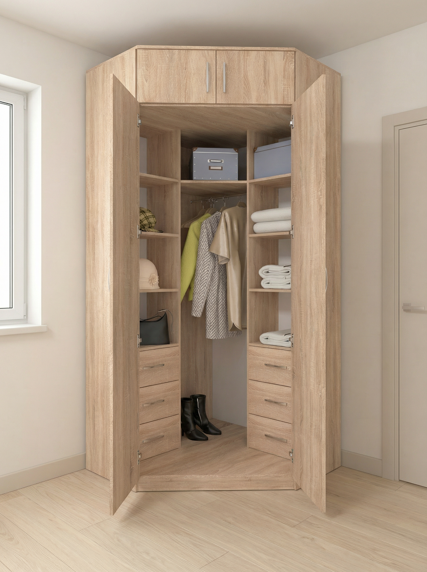 Шкаф угловой распашной Анри-13 с антресолью, 6 ящиками, 9 полками и штангой для вешалок, дуб сонома