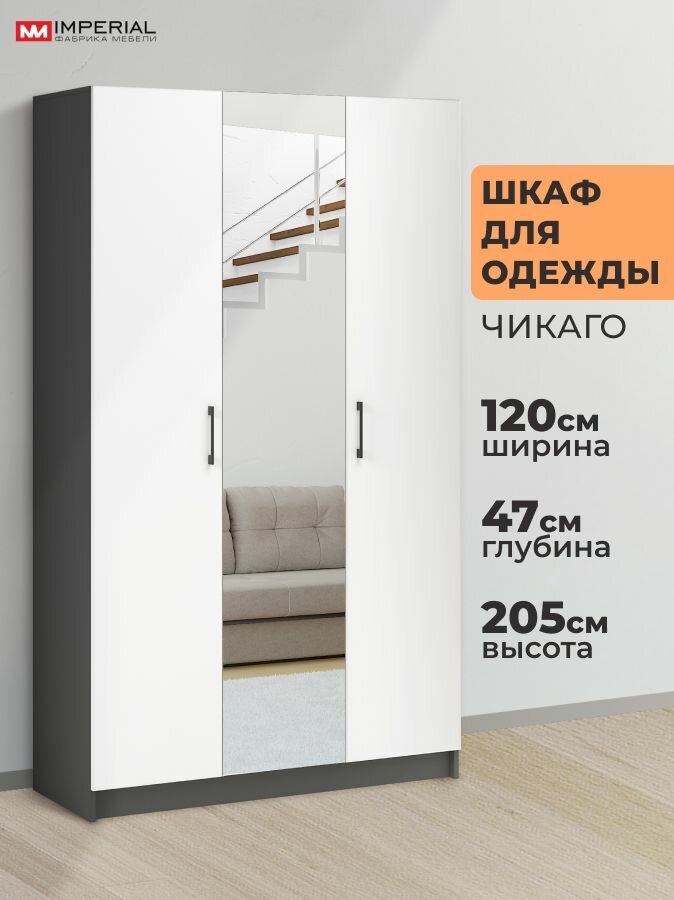 Шкаф распашной для одежды Чикаго 3д 1 зеркало MAX, антрацит/белый