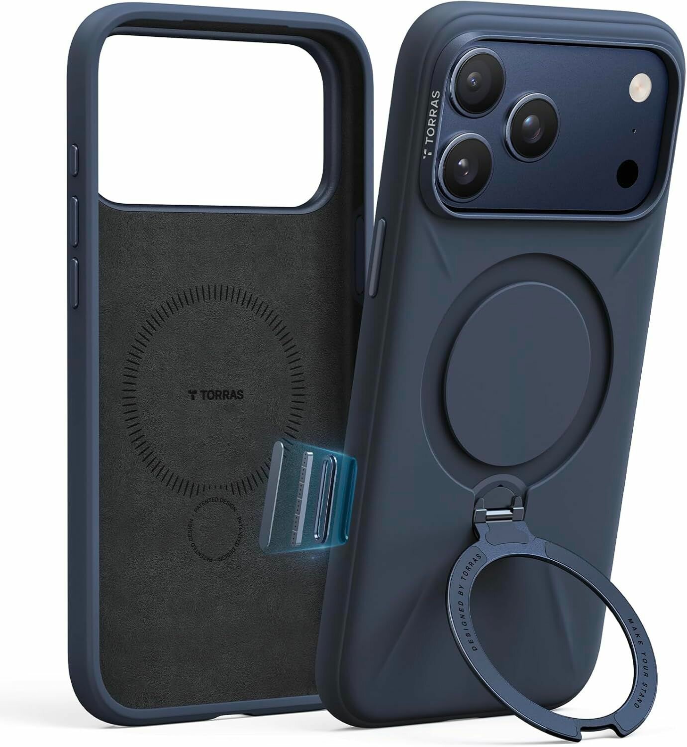 Силиконовый чехол TORRAS Q3 для iPhone 17 Pro с подставкой, совместимость с MagSafe, изготовлен из жидкого силикона, вращается на 360 и поддерживает управление камерой.