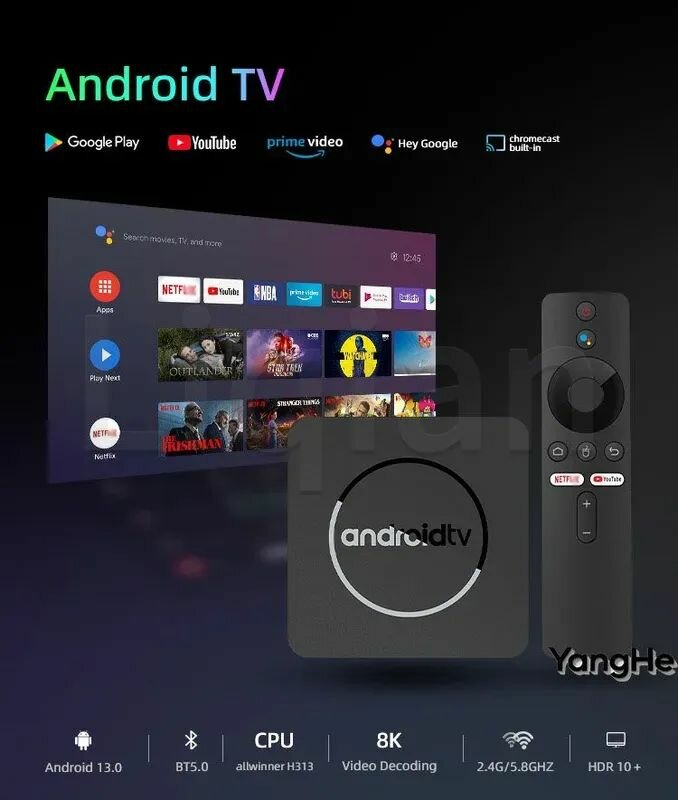 Android TV Q1 H313 Android 14.0 Сетевой ТВ-приставкой 4K Приставка ТВ BOX 8/128 ГБ +бесплатное телевидение и кинотеатр, Bluetooth пульт
