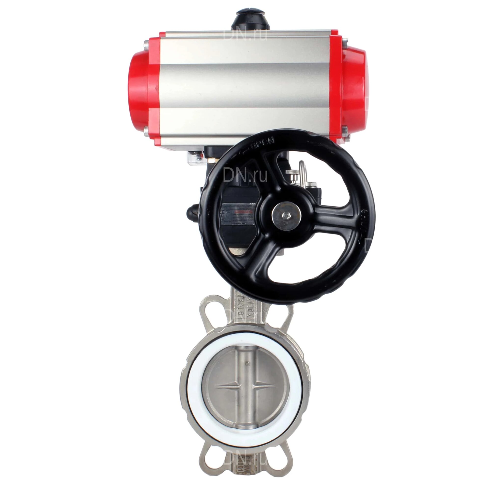 Затвор дисковый поворотный DN. ru 304-304-PTFE-2W-Fb-H Ду100 Ру16, корпус - нержавеющая сталь 304, диск - нержавеющая сталь 304, уплотнение - PTFE, с пневмоприводом DA-083 и ручным дублером HDM-2