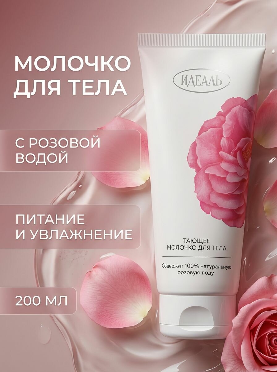 Молочко для тела тающее с розовой водой, увлажняющее и питающее, 200 мл