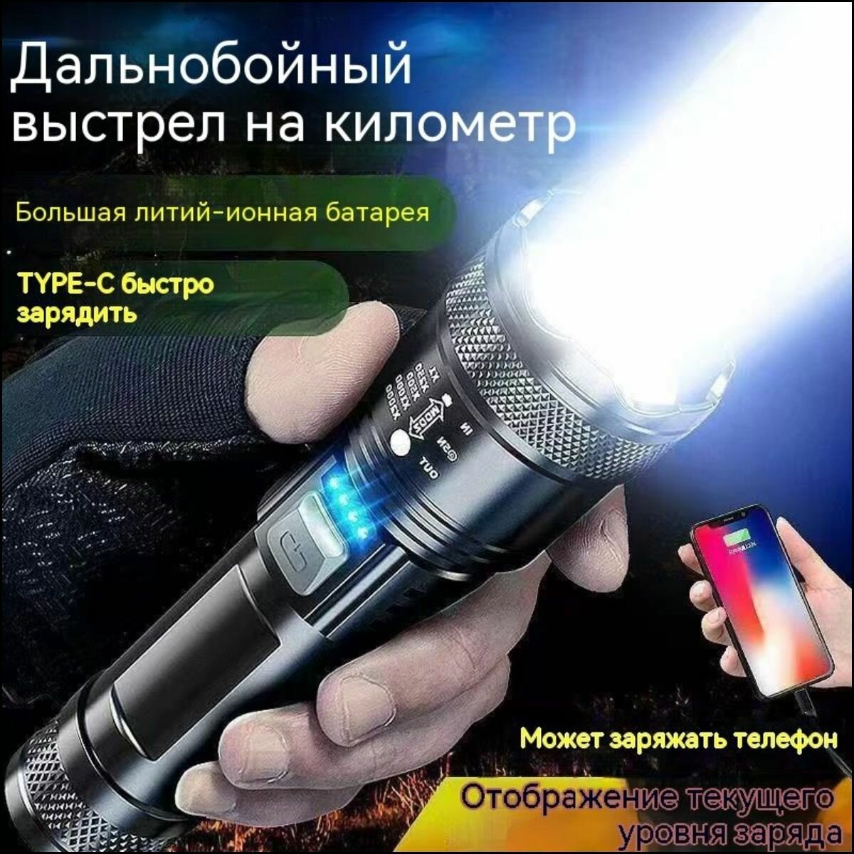 Фонарь аккумуляторный прожектор тактический мощный ручной светодиодный на батарейках туристический лазерный походный карманный на аккумуляторе яркий луч.