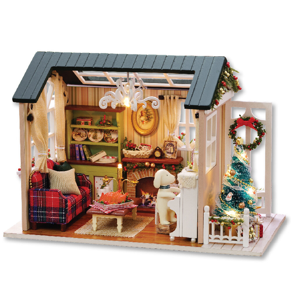 DIY Dollhouse Wooden Room Assemble Kit Home Decoration Miniature House Model Self-installed Simulation Dollhouse, Type: blue time, nice years, holiday time (optional), Material: wood+metal+cloth+paper, Battery: 2 * CR2025, 3V, 150mAh (only holiday time
