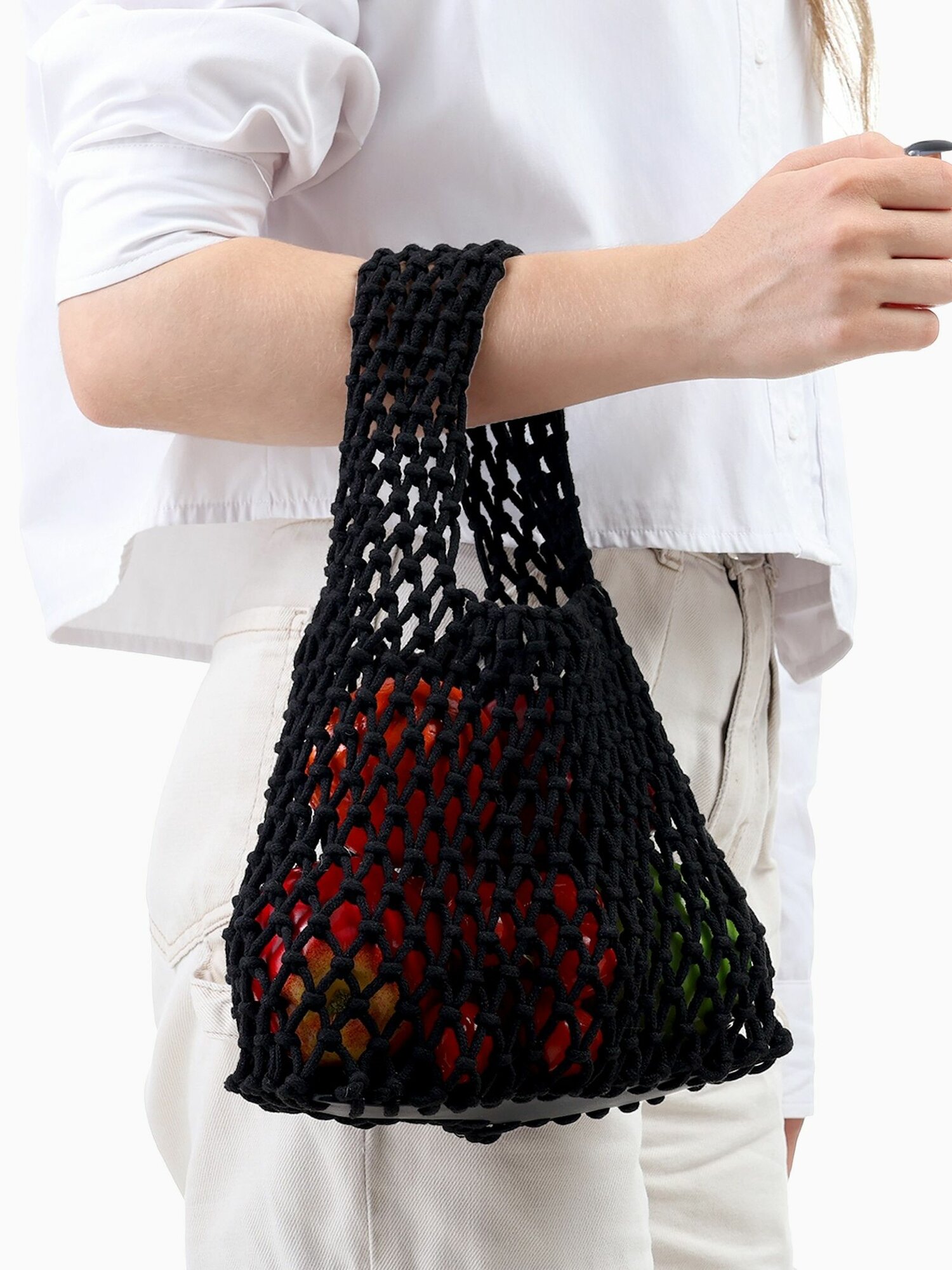 Авоська плетёная, маленькая, клетка 1.5 см, чёрная, 1 шт.