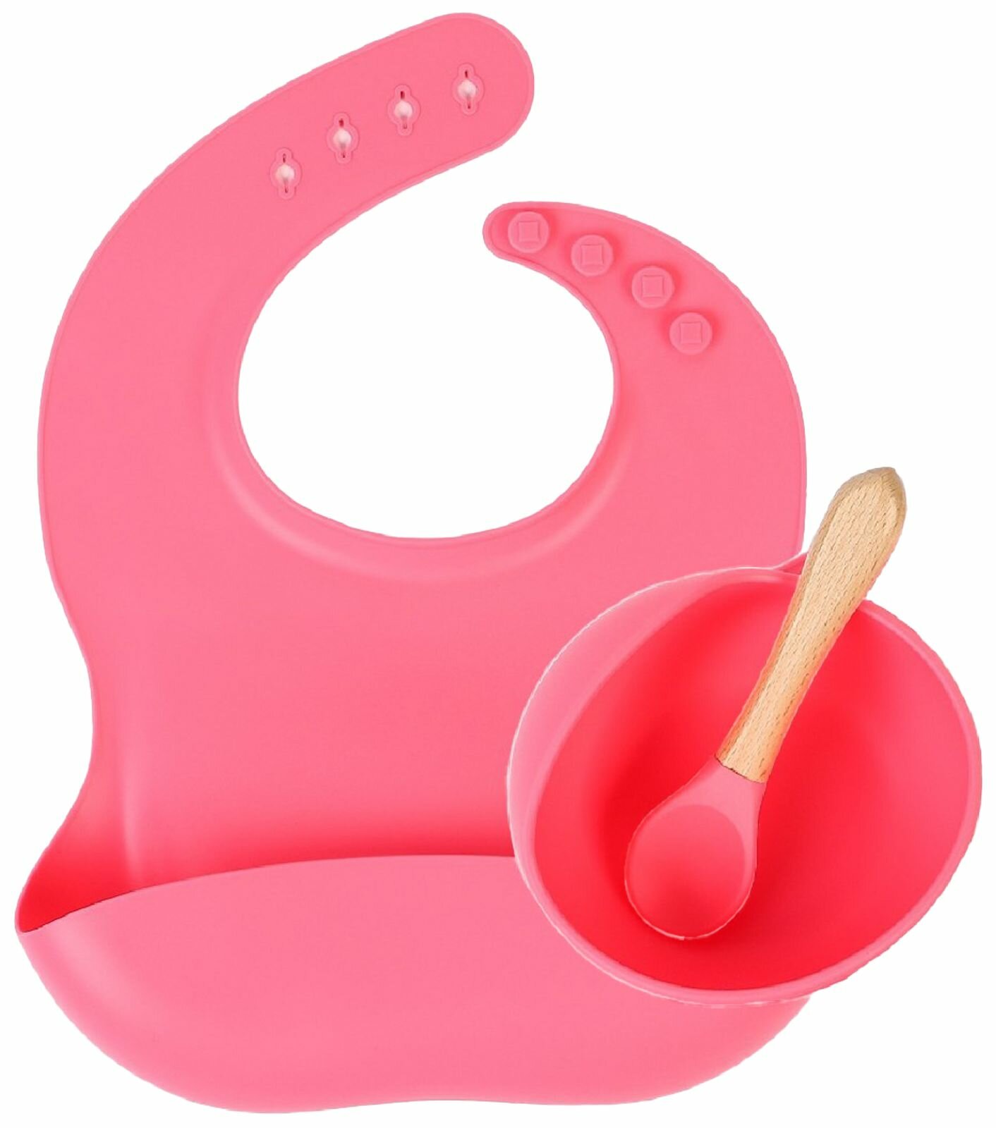 Набор детской посуды для кормления: нагрудник с карманом, тарелка на присоске, ложка, силиконовые приборы для первого прикорма малышей, цвет розовый