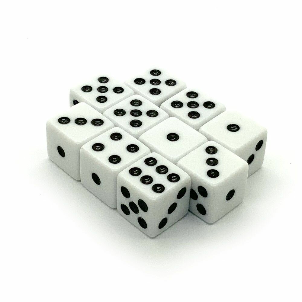 Кубики игральные д6 12мм 10шт. Белые с острыми углами