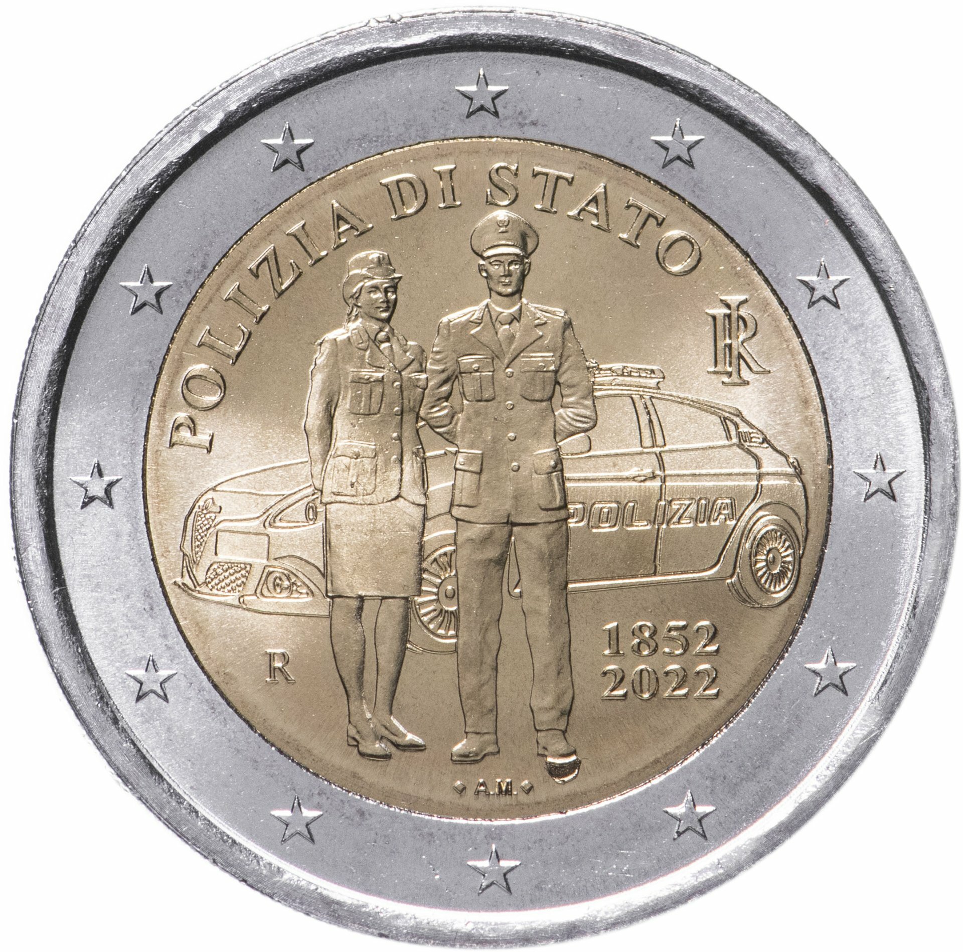 Италия 2 евро 2022 170 лет Итальянской национальной полиции, Биметалл, в сохранности UNC