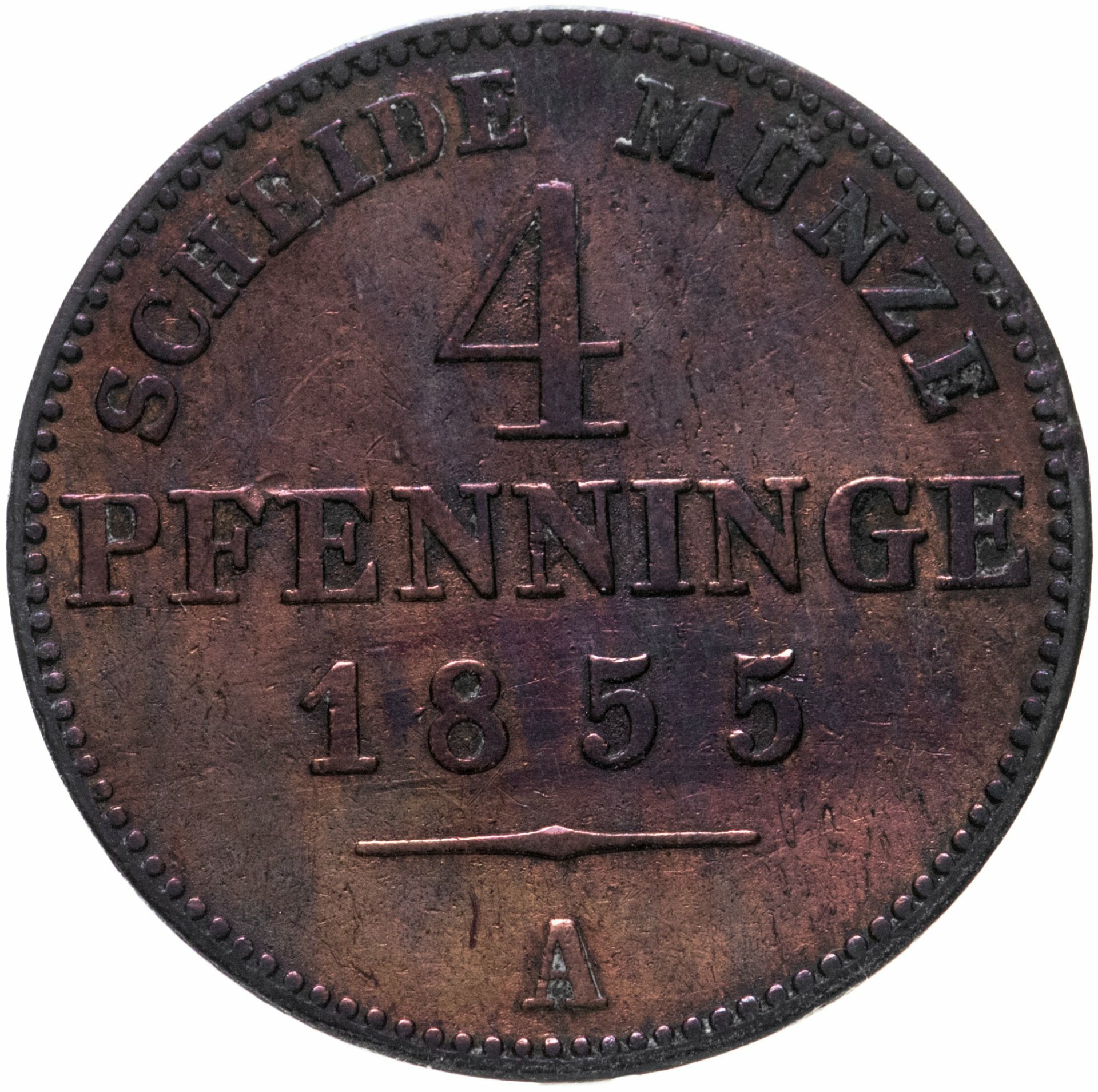 Германия, Пруссия 4 пфеннига 1855, Медь 350, в сохранности VF