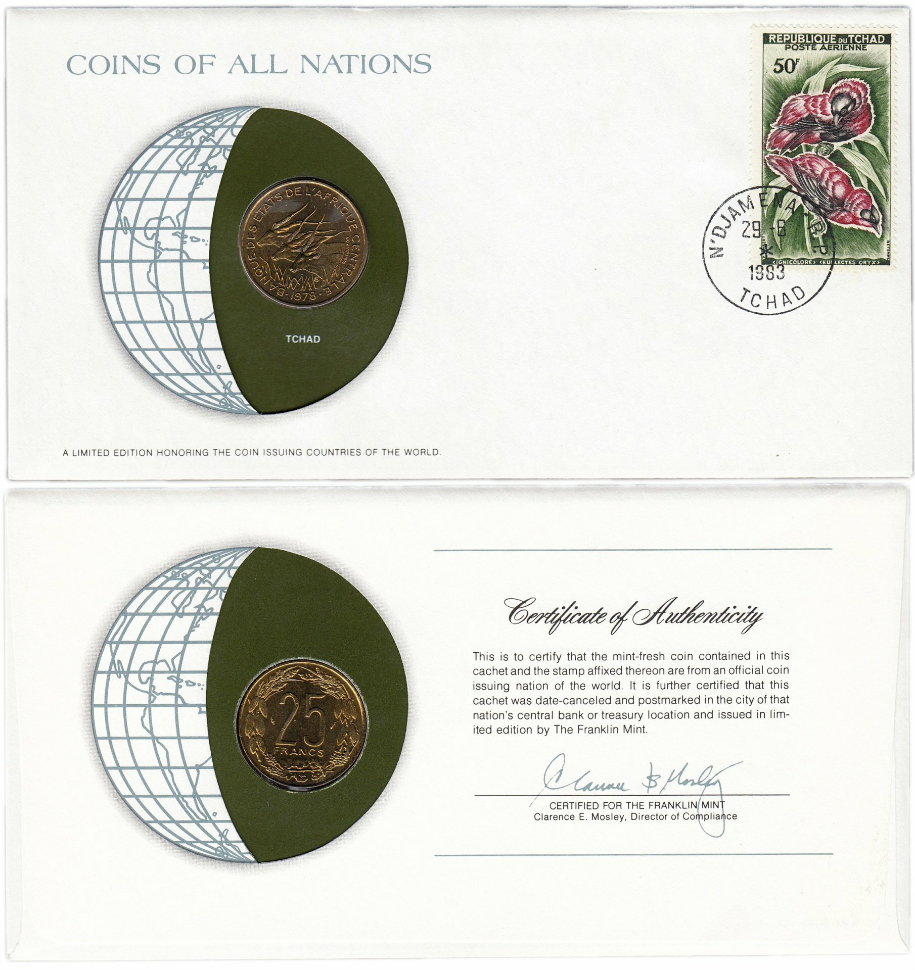 Серия "Монеты всех стран мира" - Центральная Африка BEAC 25 франков francs 1978 монета и 1 марка в конверте, Бронза, в сохранности UNC