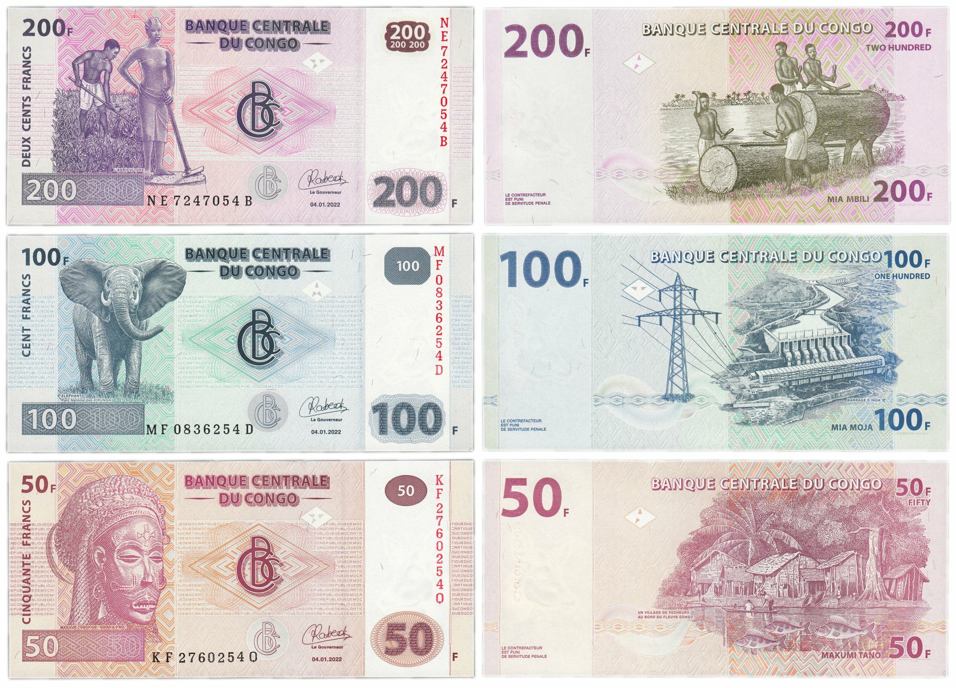 Конго набор банкнот 50, 100, 200 франков 2022 года 3 штуки