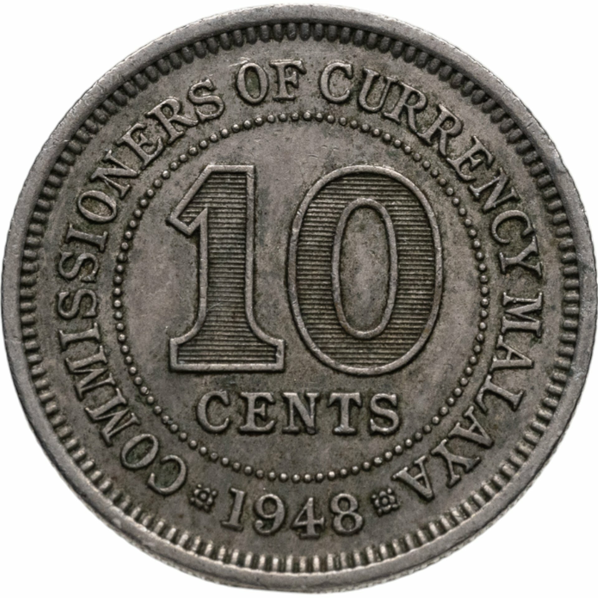 Малайя 10 центов cents 1948 Георг VI, Мельхиор медь-никель, в сохранности XF