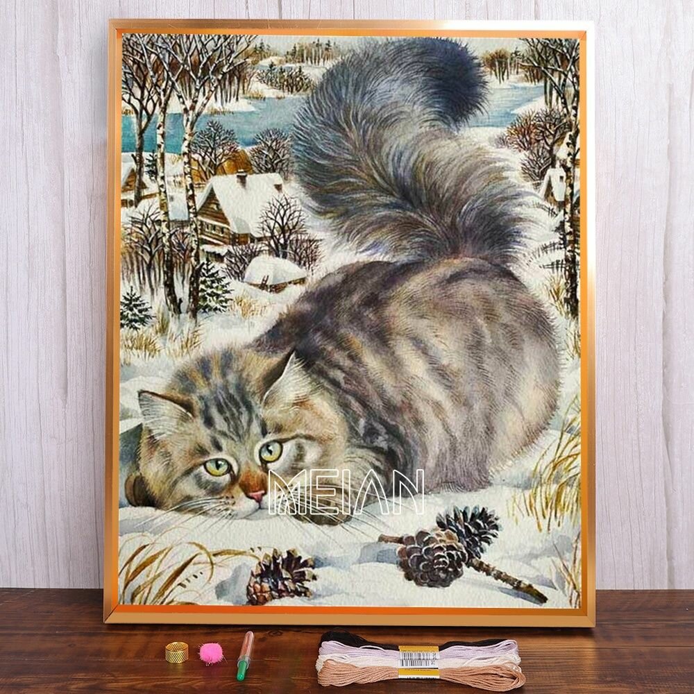 Эксклюзивный набор MEIAN для вышивки 11CT, сюжет Кошка в снегу, 30x40CM