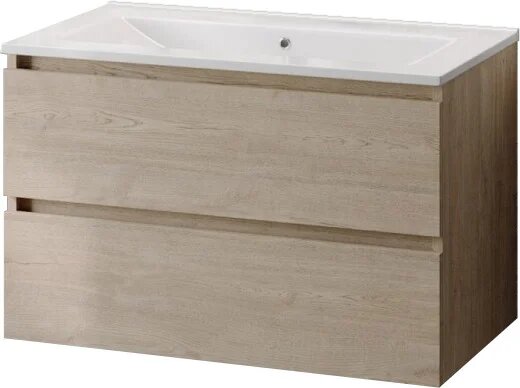 Тумба с раковиной Teymi Laina 80 подвесная, 81, 5 см, светлое дерево, матовая, из МДФ, с ящиками, раковина для ванной, фарфоровая, прямоугольная