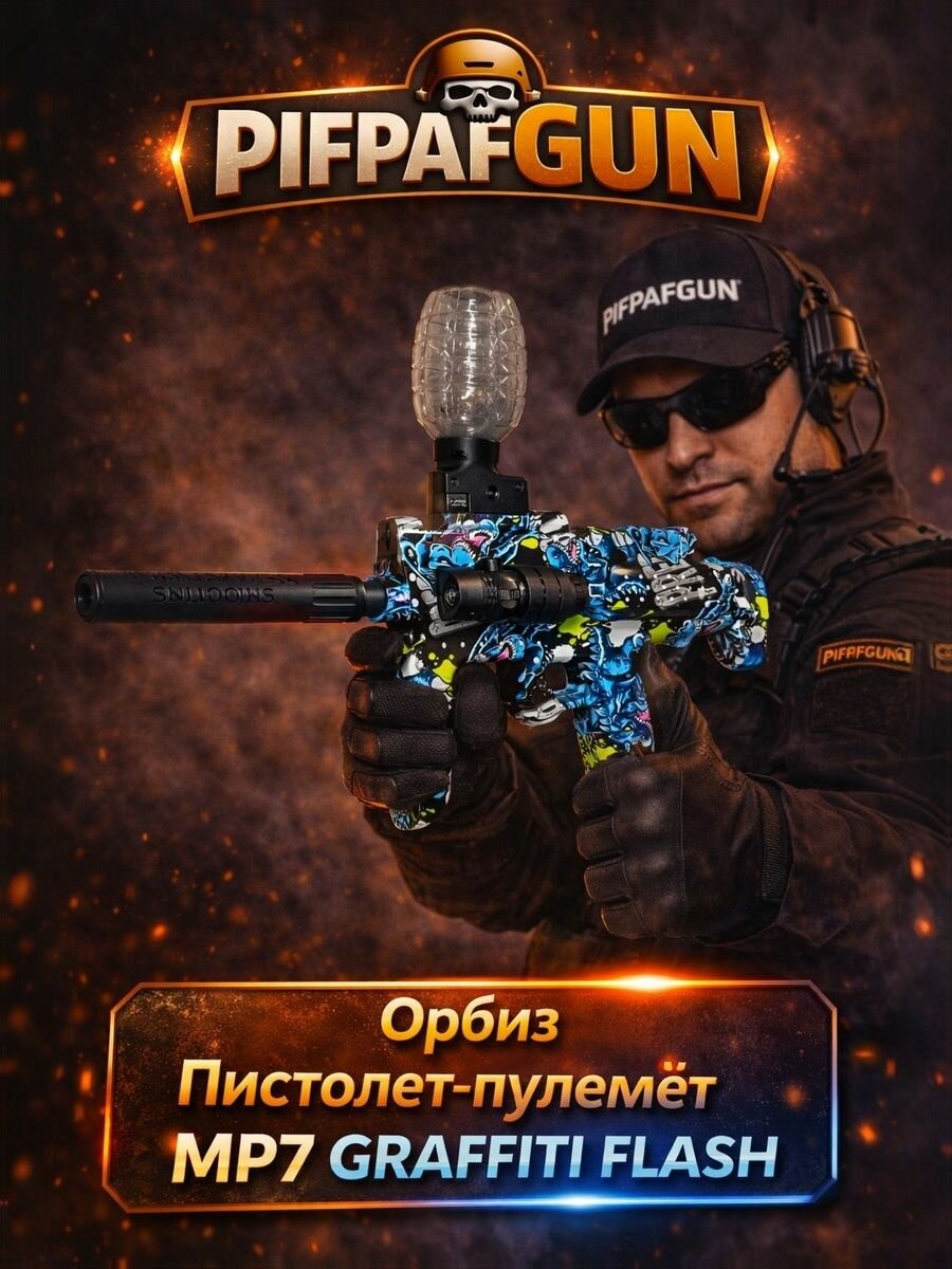 Игрушечный орбиз MP7 GRAFFITI FLASH 78 мм верхний бункер 200, подсветка, ЛЦУ, глушитель, только автоматический режим, 5+