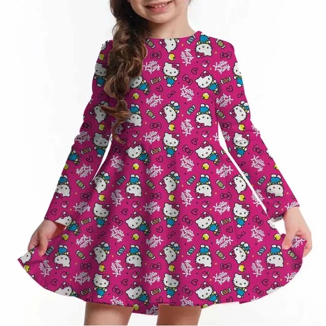 Платье с длинными рукавами и принтом Hello Kitty для девочек, идеально подходит для повседневной носки в праздничные дни, вечеринок или в качестве подарка.