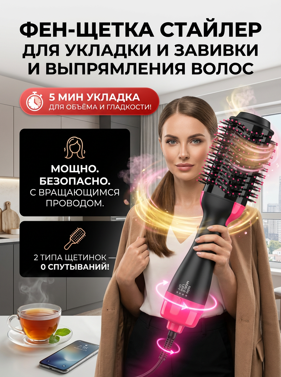 Фен-щетка для волос 3 в 1, Термощетка, Выпрямитель для волос, Стайлер, Расческа