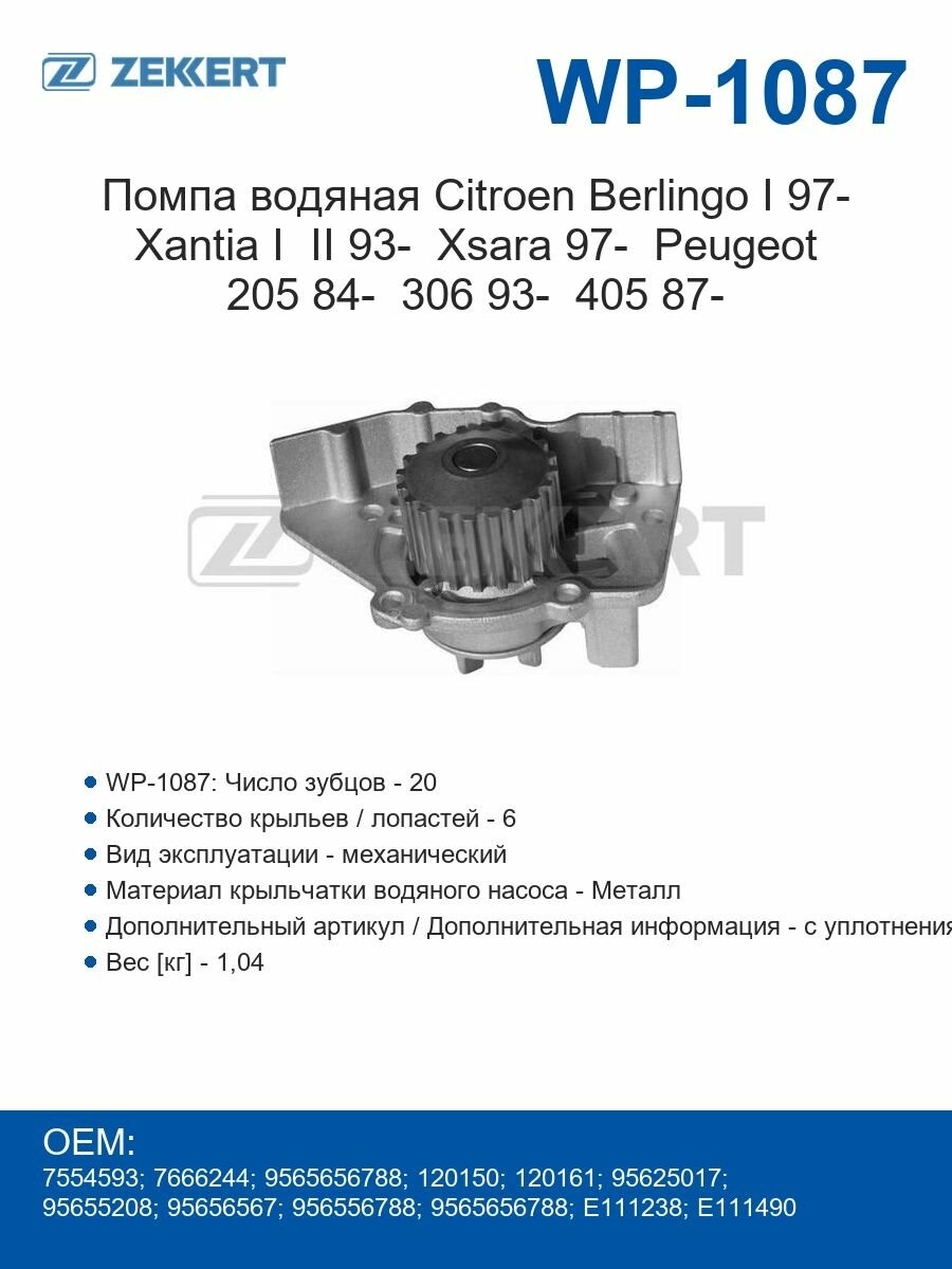 Zekkert Помпа водяная Citroen Berlingo I с 1997 года Xantia I II с 1993 года Xsara с 1997 года Peugeot 205 с 1984 года 306 с 1993 года 405 с 1987 года