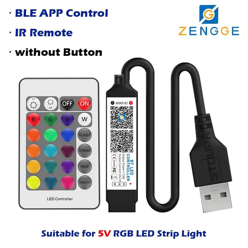 RGB контроллер для светодиодной ленты 5V с IR пультом и USB