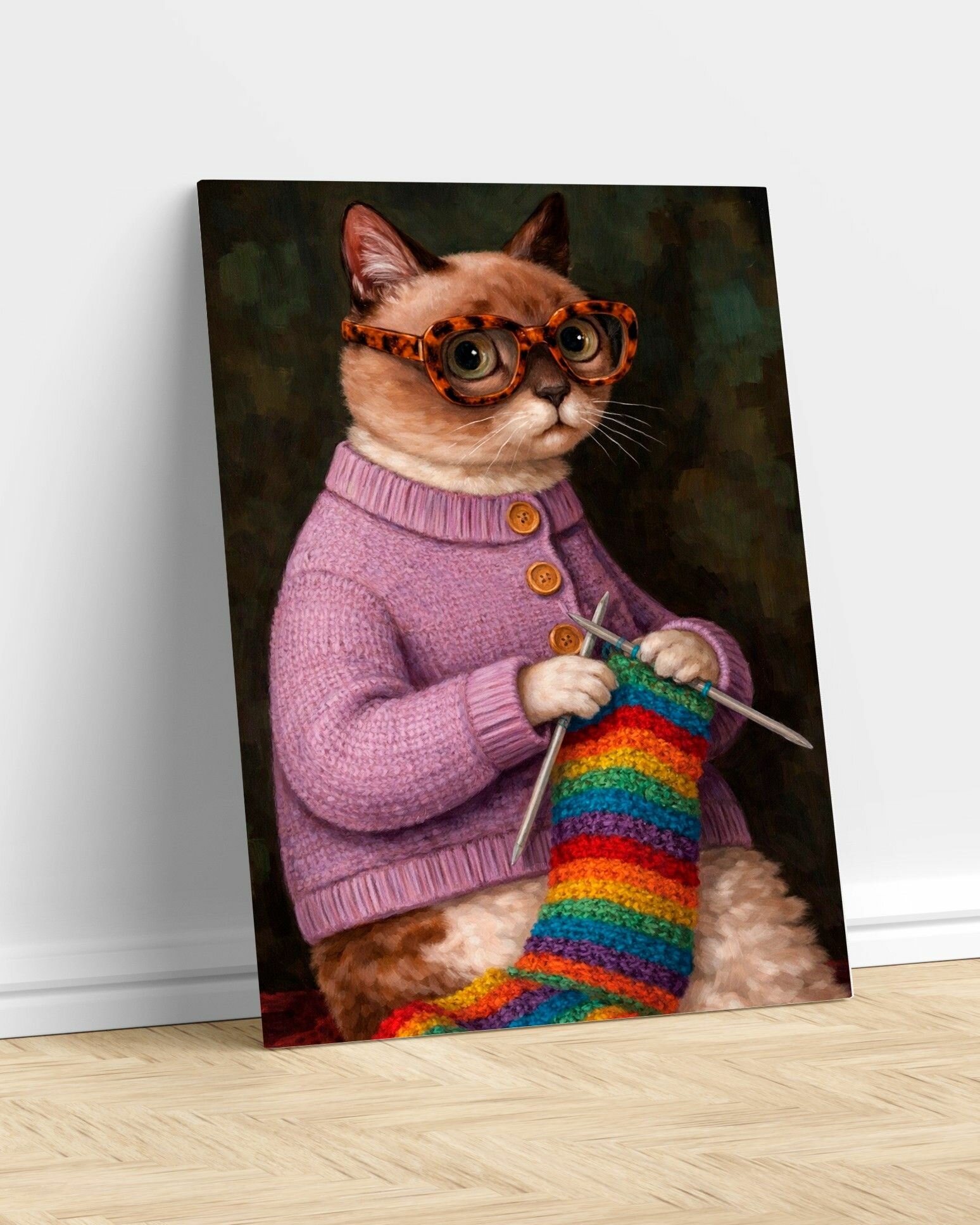Картина на холсте: кота в вязаном свитере с очками. Размер 60х40 см