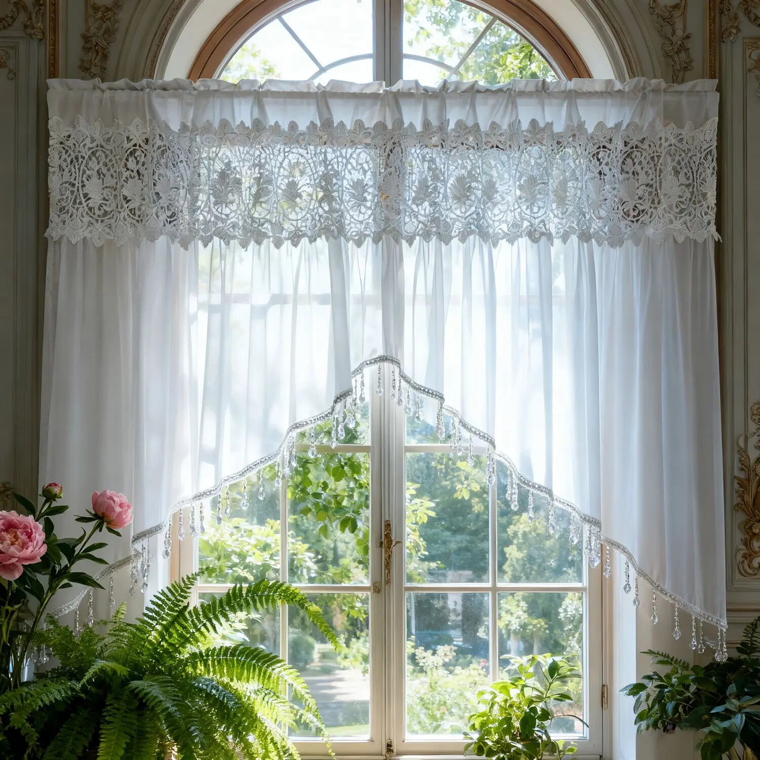 1 шт. Романтическая белая полупрозрачная занавеска с ажурной кружевной отделкой W200CM X H120CM(1PC)