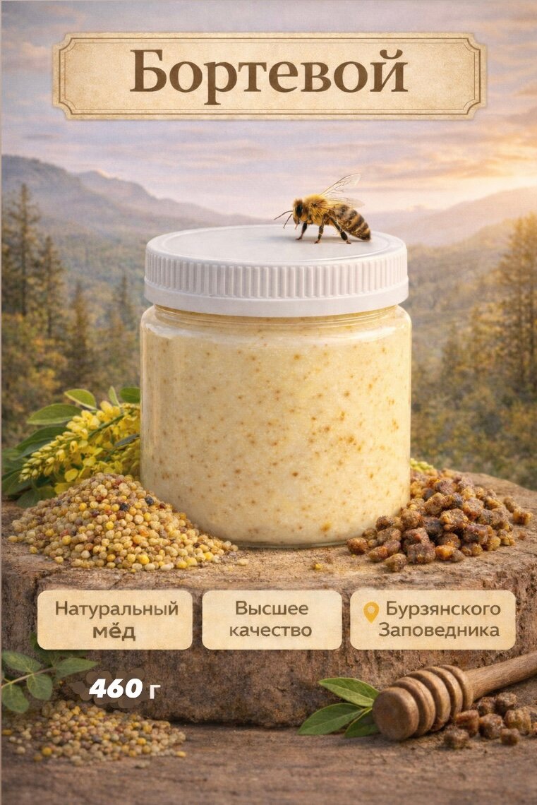 Бортевой Мёд, Натуральный, без сахара, стеклянная баночка.460г Самый полезный мёд!
