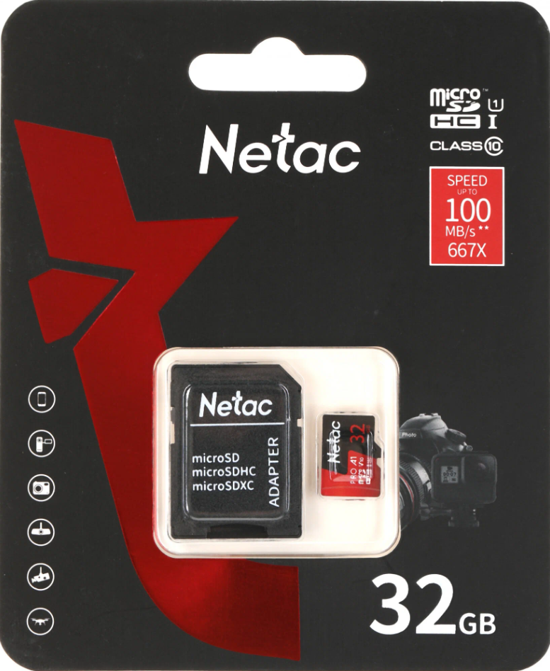 MicroSD 32GB Netac P500 Extreme Pro Class 10 UHS-I A1 V10 (100 Mb/s) + SD адаптером