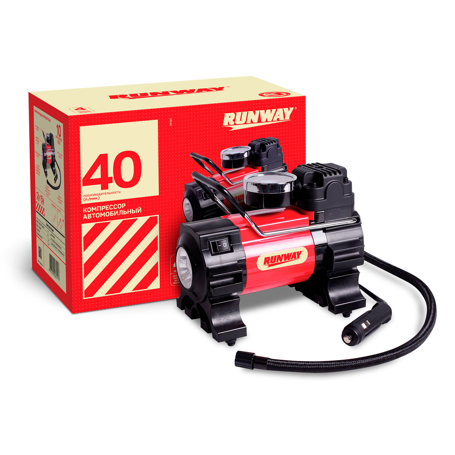 Компрессор автомобильный RUNWAY RR160 с фонарём, 12V, 40л/мин