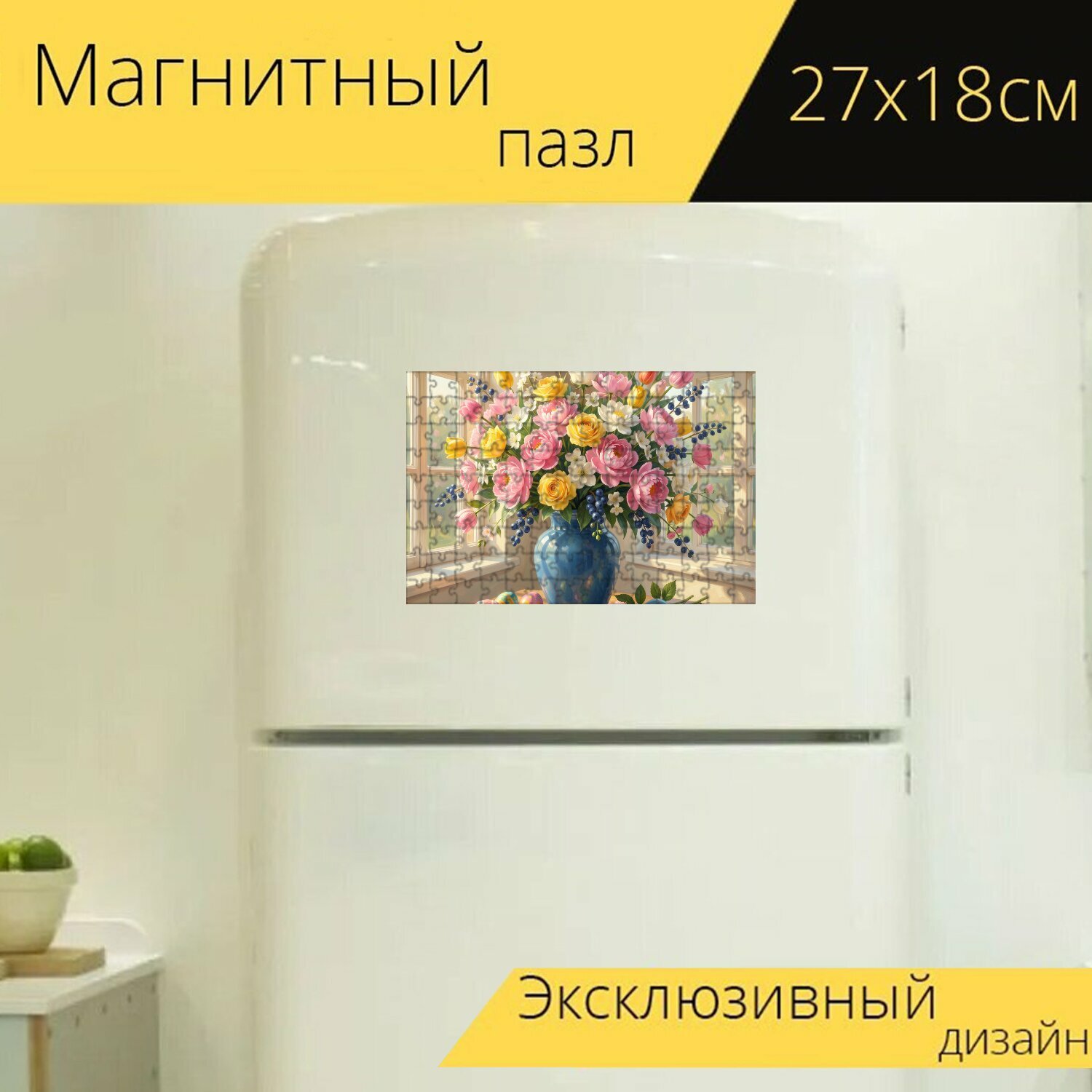 Магнитный пазл "Весенний букет у окна. Нежная цветочная композиция в синей керамической вазе: розовые пионы, желтые розы, тюльпаны, белые цветы и синие." на холодильник 27 x 18 см.