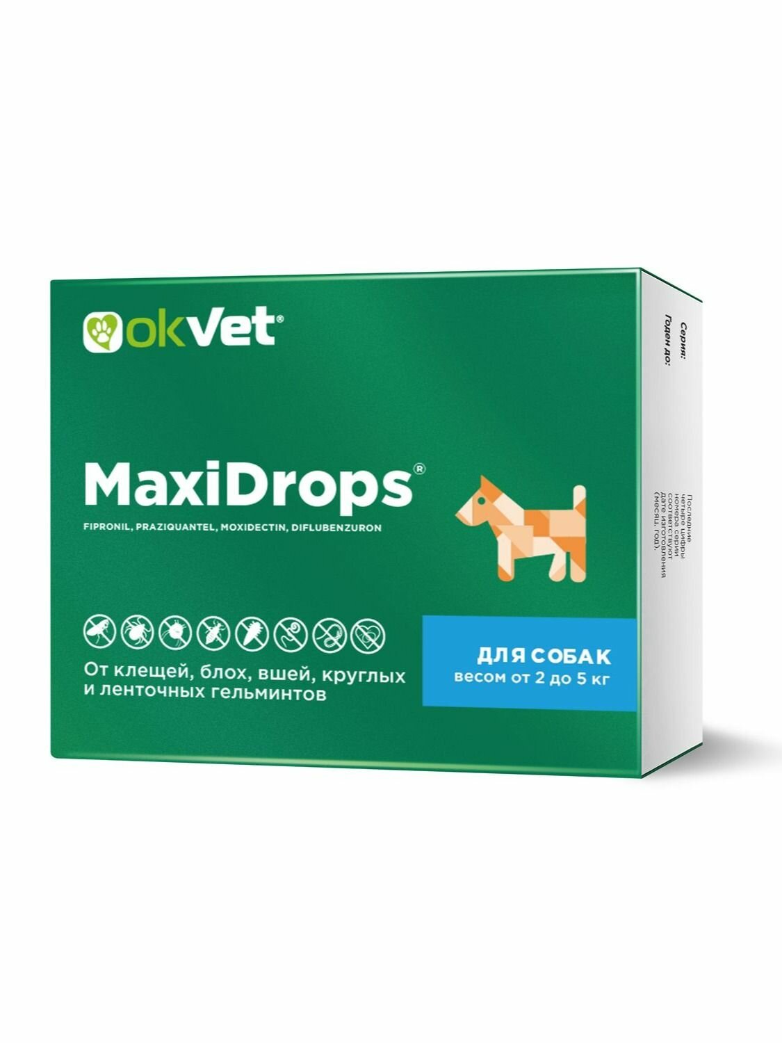 Okvet MaxiDrops капли на холку от паразитов для собак от 2 до 5 кг, 1 пипетка / 0,5 мл (от клещей, блох, вшей, круглых и ленточных гельминтов)
