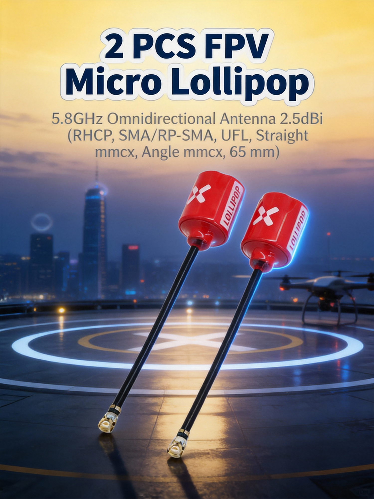 2 шт красный FOXEER Micro Lollipop, 5.8ГГц всенаправленная антенна 2.5DBi RHCP с разъемами SMA/RP-SMA UFL и mmcx (прямой и угловой), 65 мм