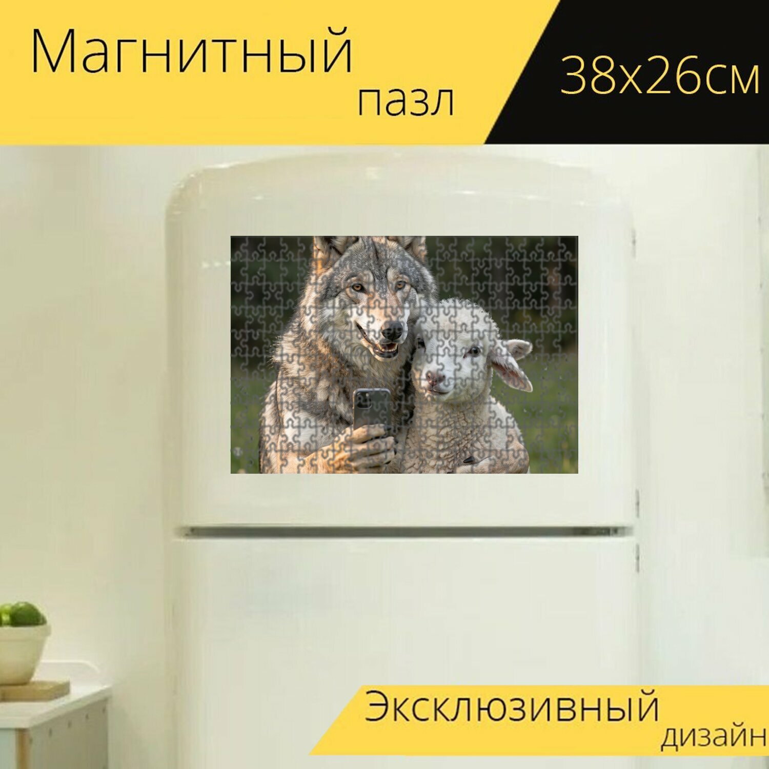 Магнитный пазл "Волк и ягненок с телефоном. Забавная лесная сцена: серый хищник обнимает белого барашка и делает селфи на смартфон. Реалистичный стиль." для интерьера, 38х26 см.