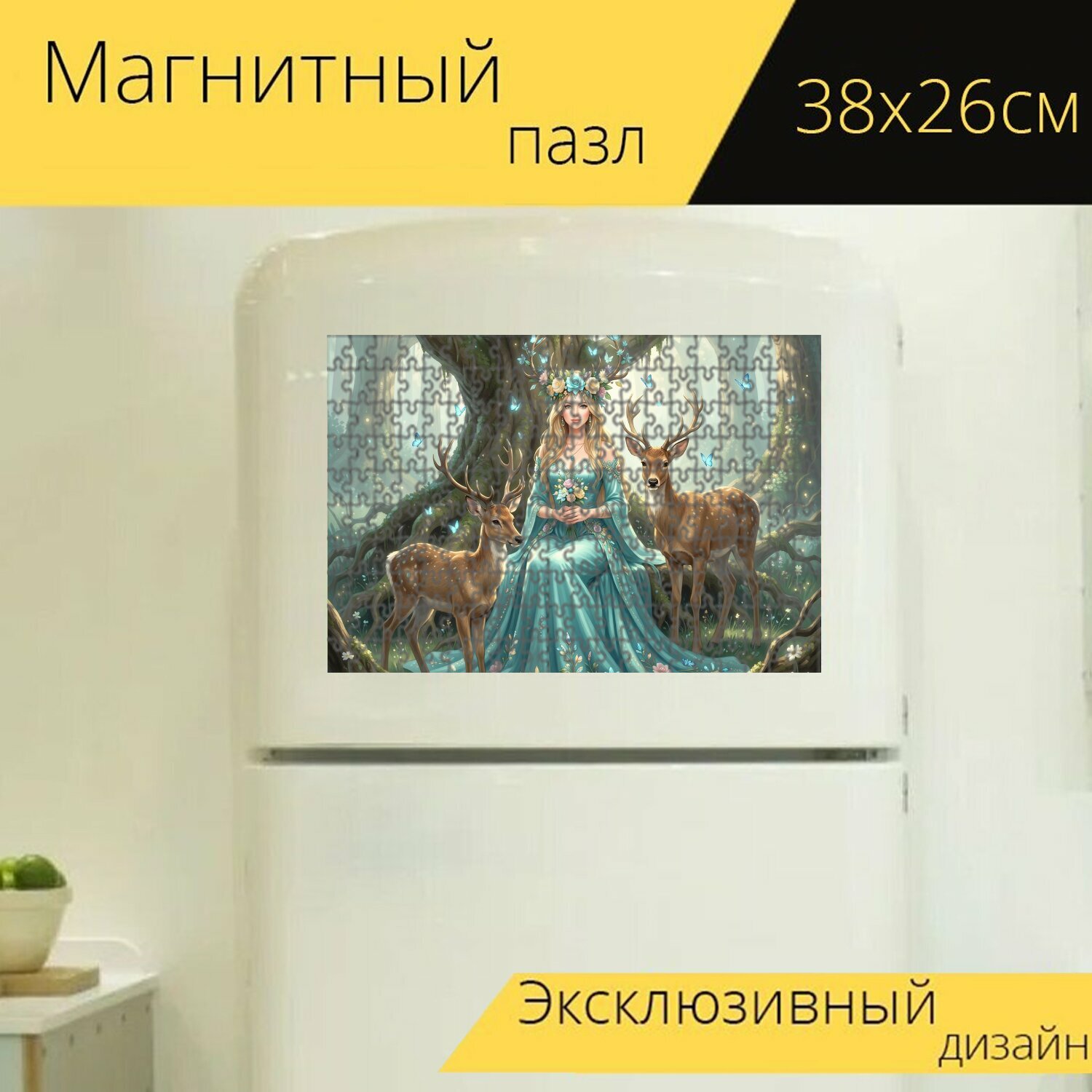 Магнитный пазл "Лесная фея с оленями. Сказочная девушка в бирюзовом платье и цветочном венке сидит у древнего дерева среди светящегося леса, бабочек и диких." для интерьера, 38х26 см.